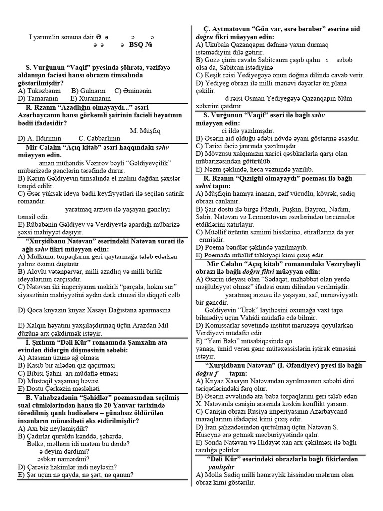 XI Sinif Ədəbiyyat BSQ-2 B Variantı 2024-2025 | PDF