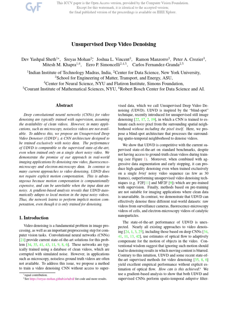 Sheth Unsupervised Deep Video Denoising ICCV 2021 Paper | PDF | Computer Vision | Artificial ...