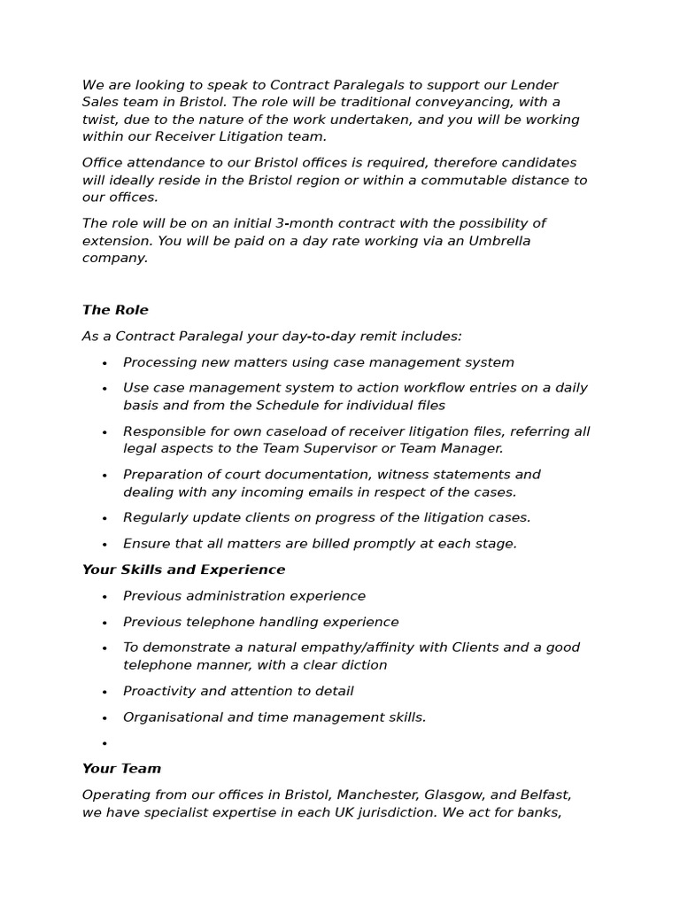 Contract Paralegal Role in Bristol | PDF