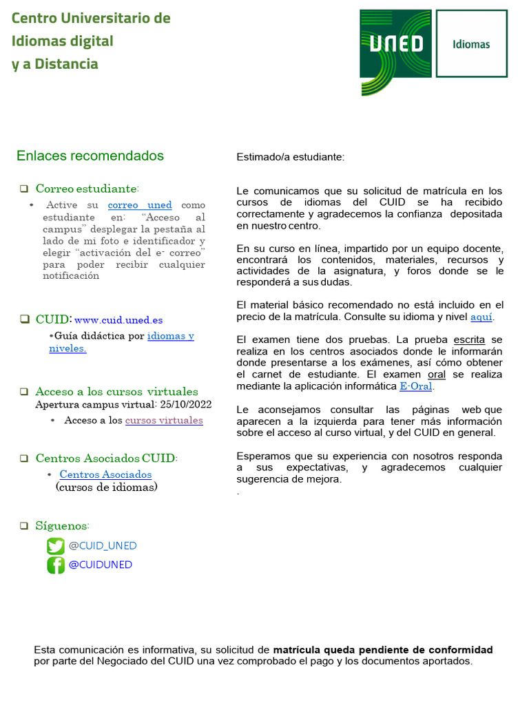 Información sobre matrícula en CUID | PDF