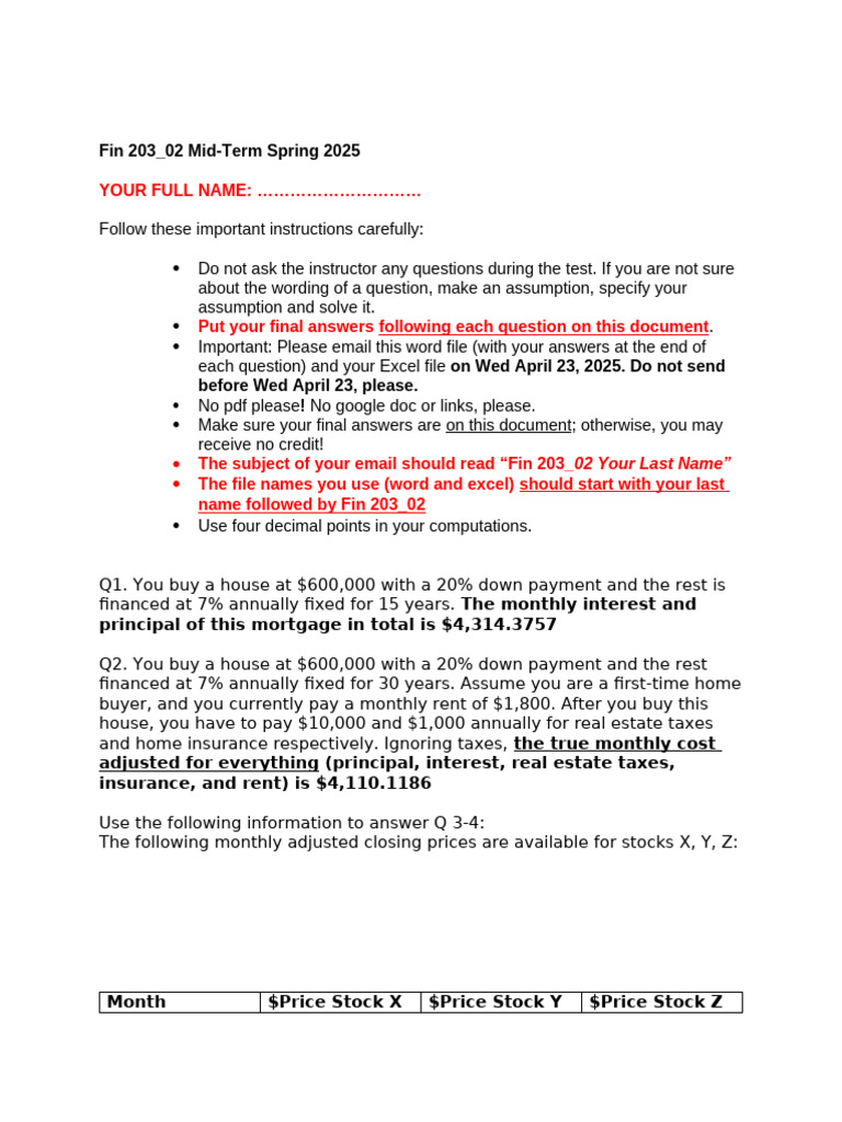 Fin 203_02 Mid-Term Instructions | PDF | Taxes | Beta (Finance)