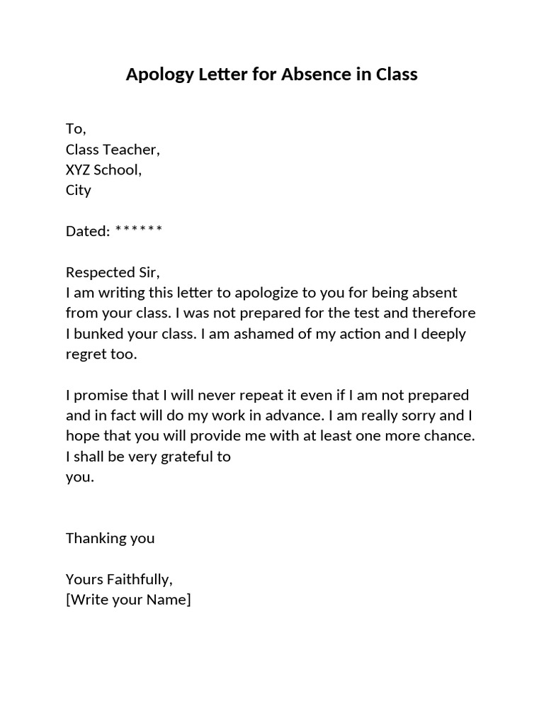 Absence in Class Apology Letter To Teacher Template | PDF