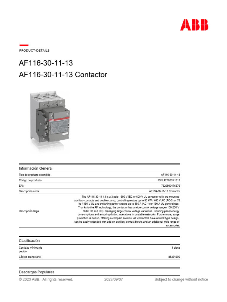 9532 - CONTACTOR ABB AF-116-30-11 BOBINA 100-250VAC-DC 400V-55KW - 1SFL427001R1311-af116-30-11 ...