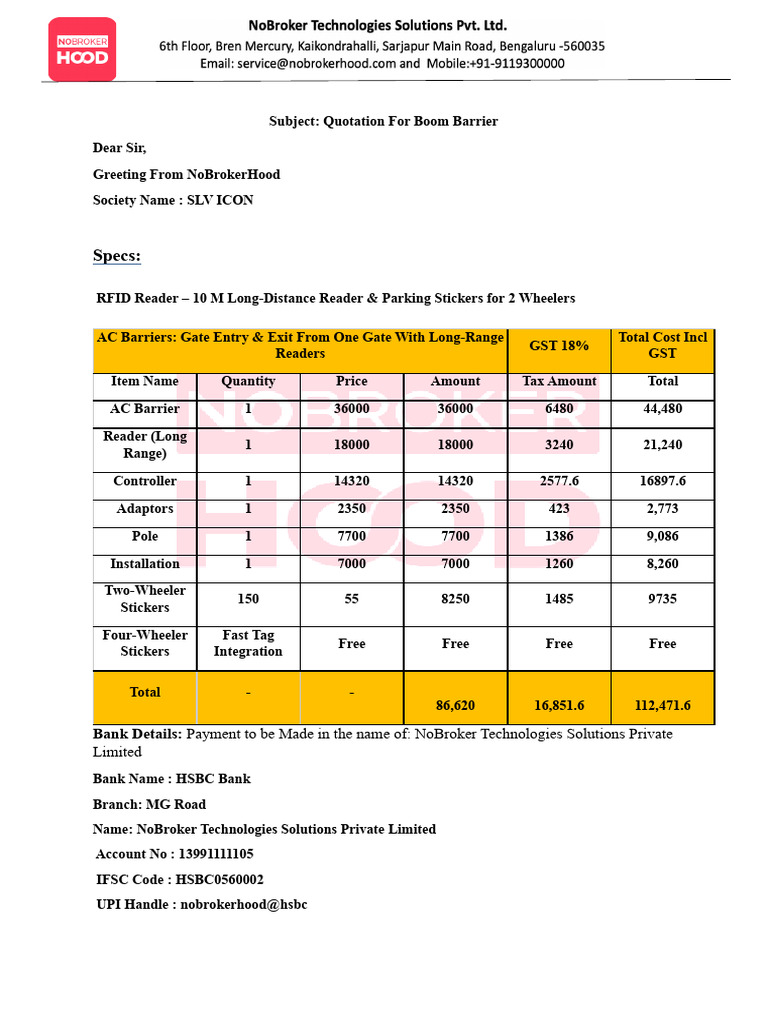 Quotation for Boom Barrier Installation | PDF