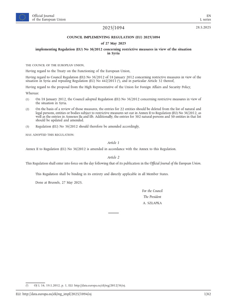 EU Regulation on Syria Sanctions Update | PDF | Bashar Al Assad | Syria
