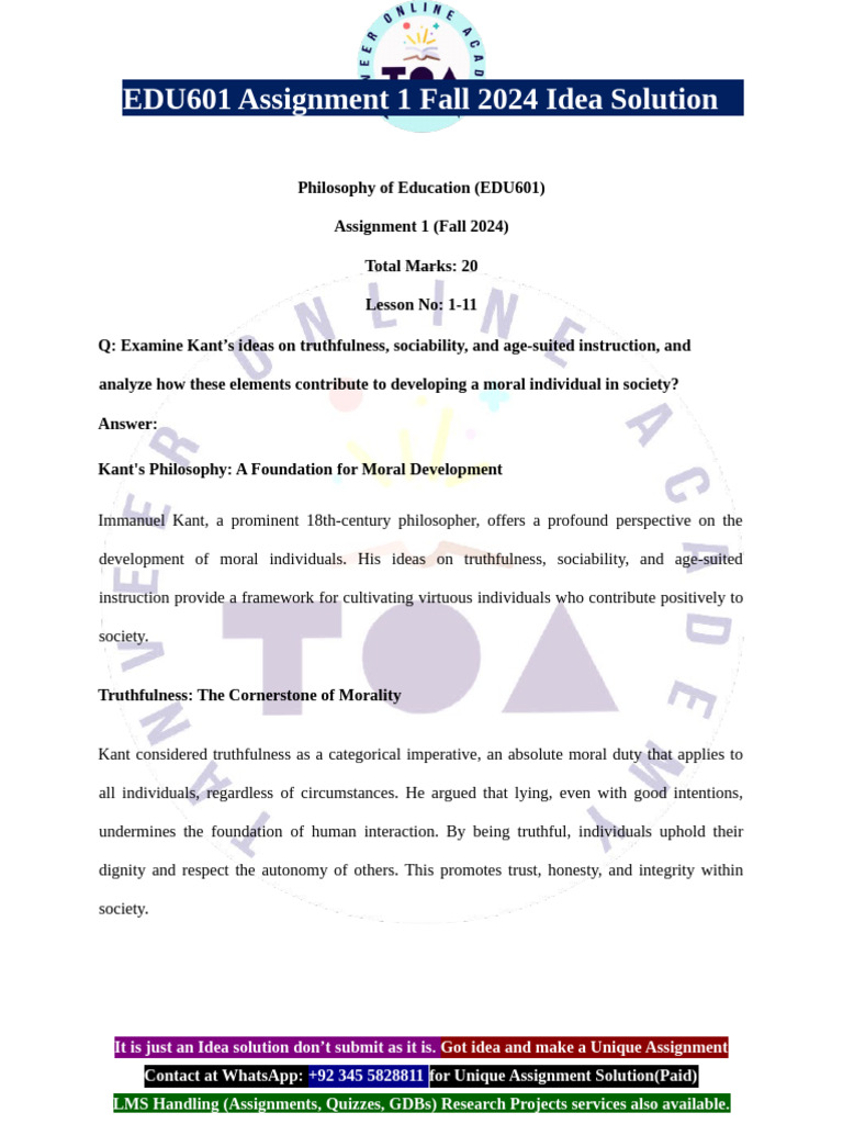 EDU601 Assignment 1 Fall 2024 Solution by Tanveer Online Academy | PDF | Immanuel Kant | Empathy