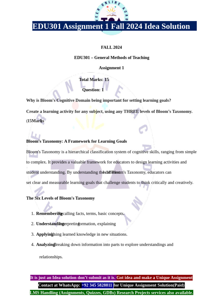 EDU301 Assignment 1 Fall Solution by Tanveer Online Academy | PDF | Differentiated Instruction ...