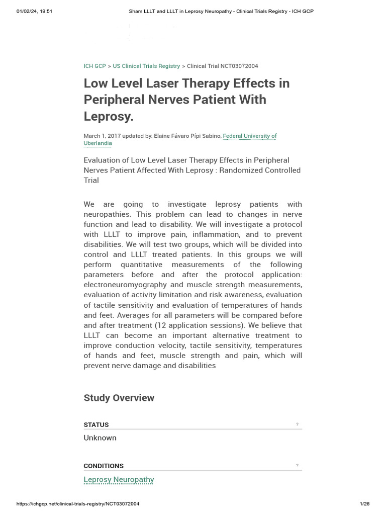 Sham LLLT and LLLT in Leprosy Neuropathy - Clinical Trials Registry ...