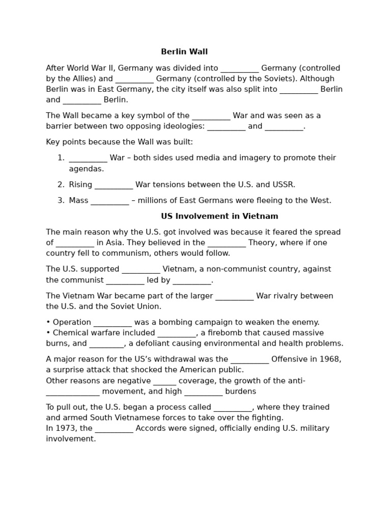 Berlin Wall + US Involvement in Vietnam War Worksheet | PDF