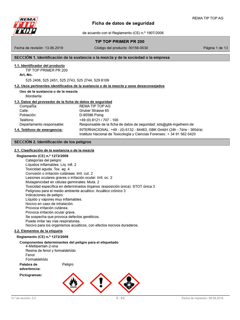 MSDS Primer PR 200 (Rema Tiptop) | PDF | Solvente | Química Física
