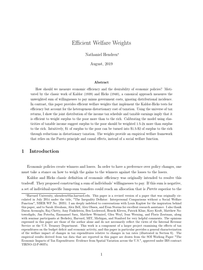 Efficient Welfare Weights: Nathaniel Hendren August, 2019 | PDF ...