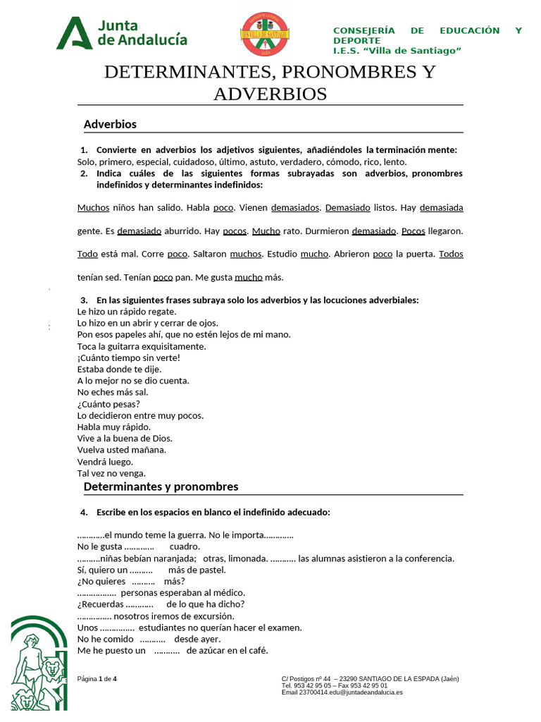 Ejercicios de Pronombres y Determinantes | PDF | Adverbio | Mecánica ...