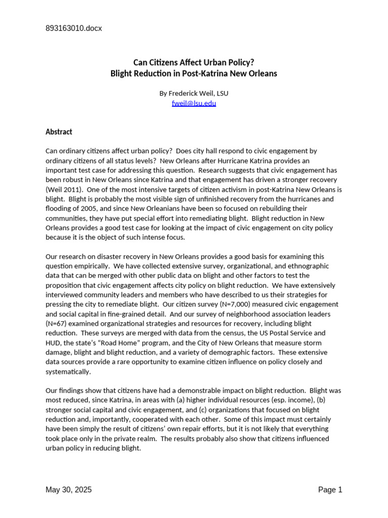 Weil, Can Citizens Affect Urban Policy | PDF | New Orleans | Hurricane ...