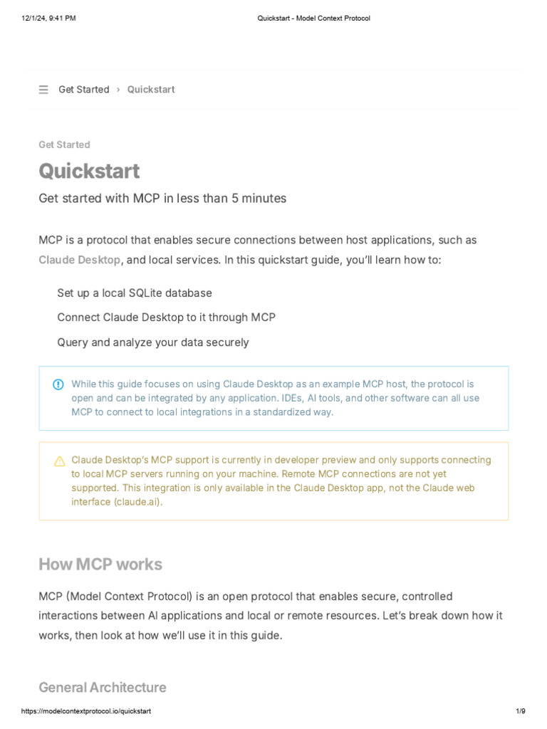 Quickstart - Model Context Protocol | PDF | Databases | Server (Computing)