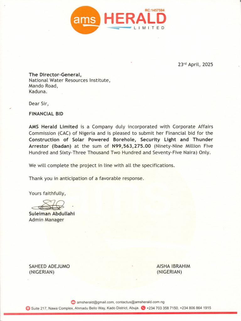Specimen For Financial Bid Letter | PDF
