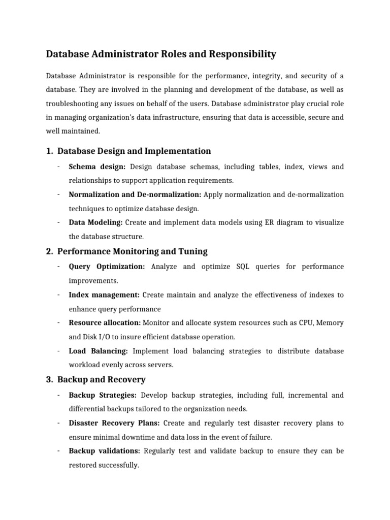 Database Administrator Roles and Responsibility | PDF | Databases | Backup
