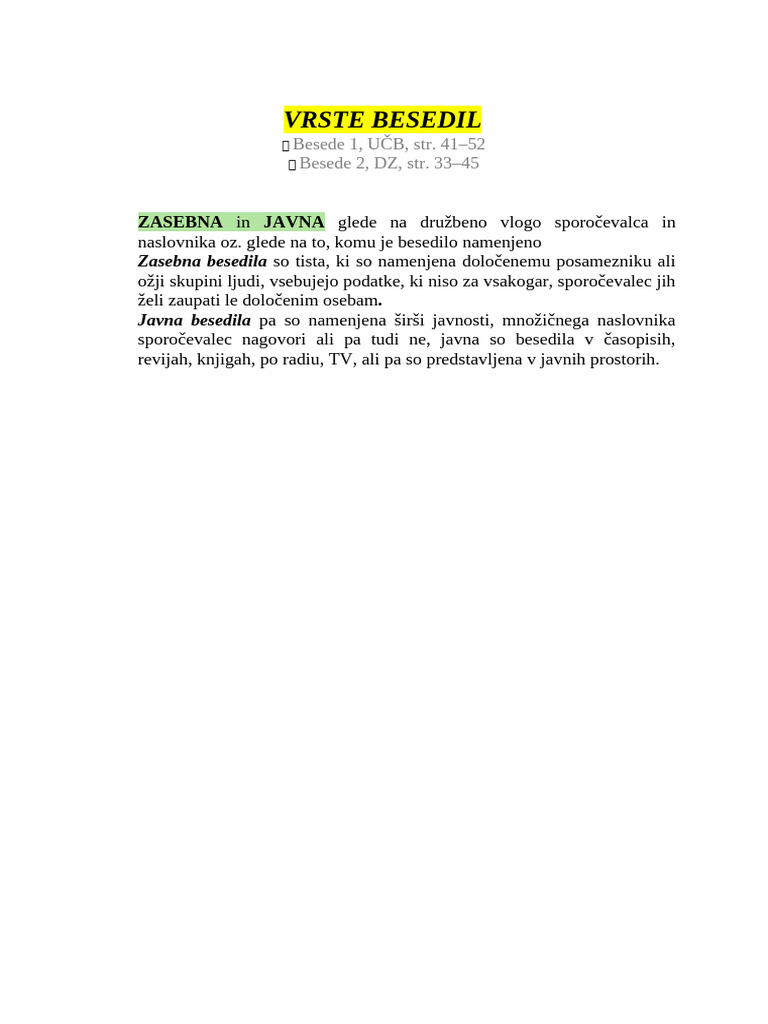 Vrste Besedil Zasebna Javna | PDF