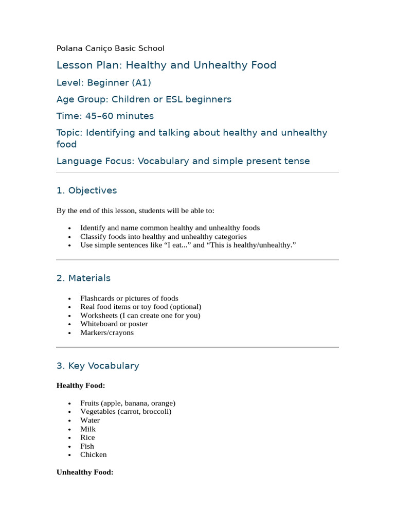 Healthy vs Unhealthy Food Lesson Plan | PDF | Foods | Cuisine