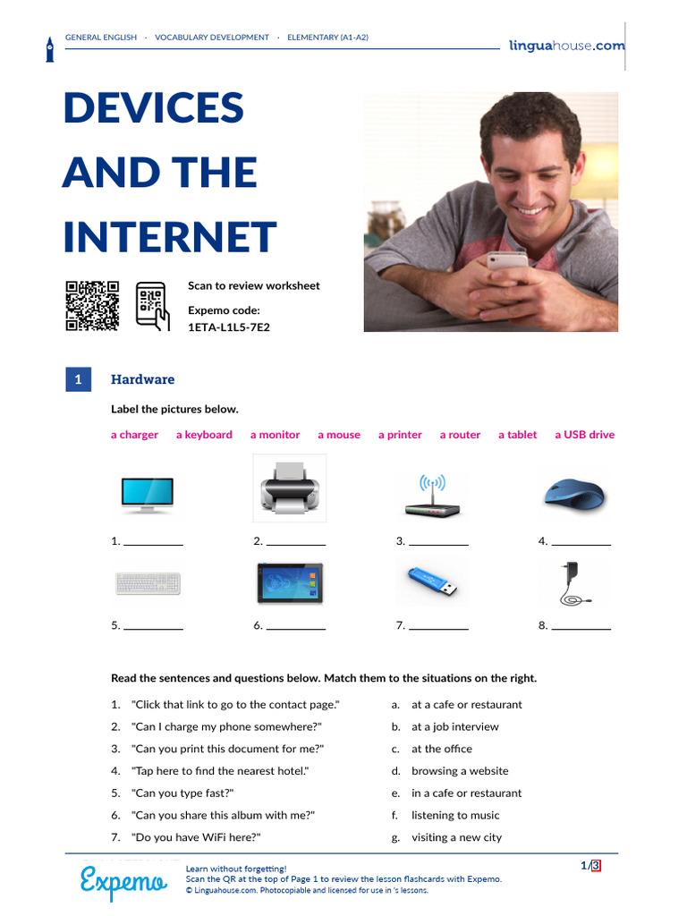 Vocabulary for Devices & Internet A1-A2 | PDF | Smartphone | Computing