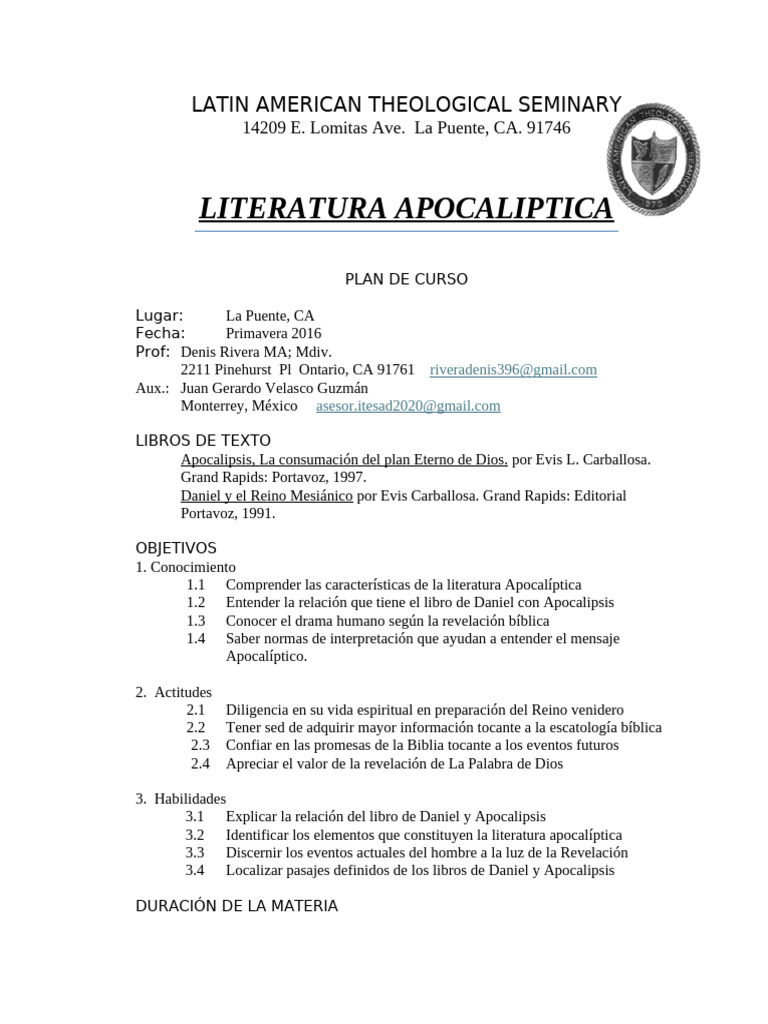 Literatura Apocaliptica 2025 Plan de Curso | PDF | Libro de revelación | Literatura religiosa