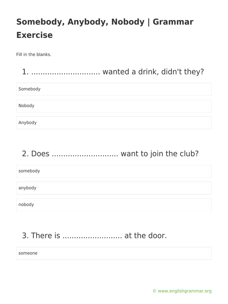 Somebody, Anybody, Nobody - Grammar Exercise | PDF