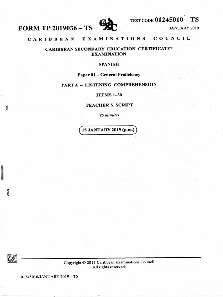 CSEC Spanish January P1 2019 TS | PDF