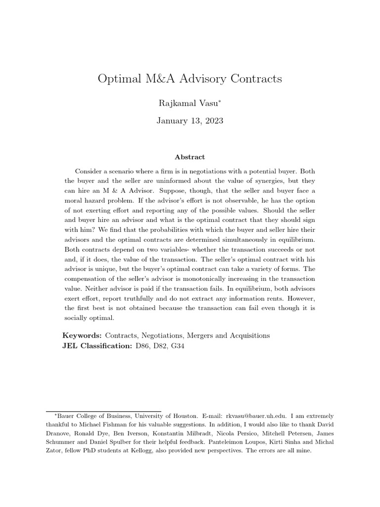 Optimal M A Advisory Contracts | PDF | Mergers And Acquisitions | Economic Equilibrium