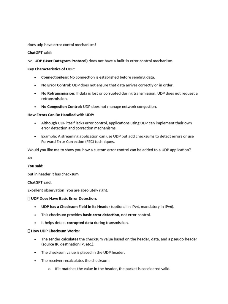 Does Udp Have Error Contol Mechanism | PDF