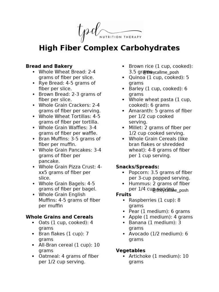 High Fiber Complex Carbohydrates | PDF | Cereals | Whole Grain