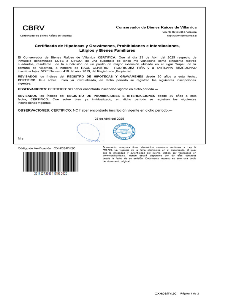 Certf Hipotecas y Gravamenes Raúl | PDF