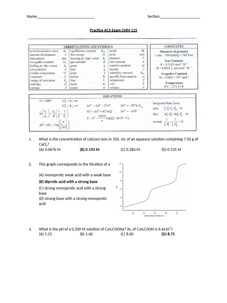 Chm115 Practice Acs Exam Fa2019 - Key - RD | PDF | Acid | Chemical Equilibrium
