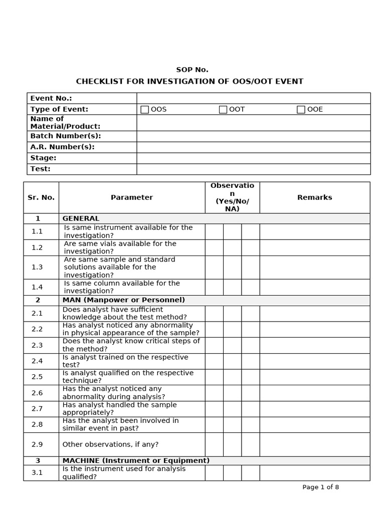 OOS/OOT Investigation Checklist | PDF | Physical Sciences