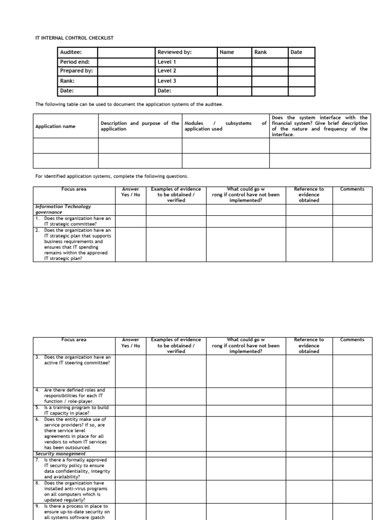 IT Internal Control Checklist | PDF | Backup | Information Technology ...