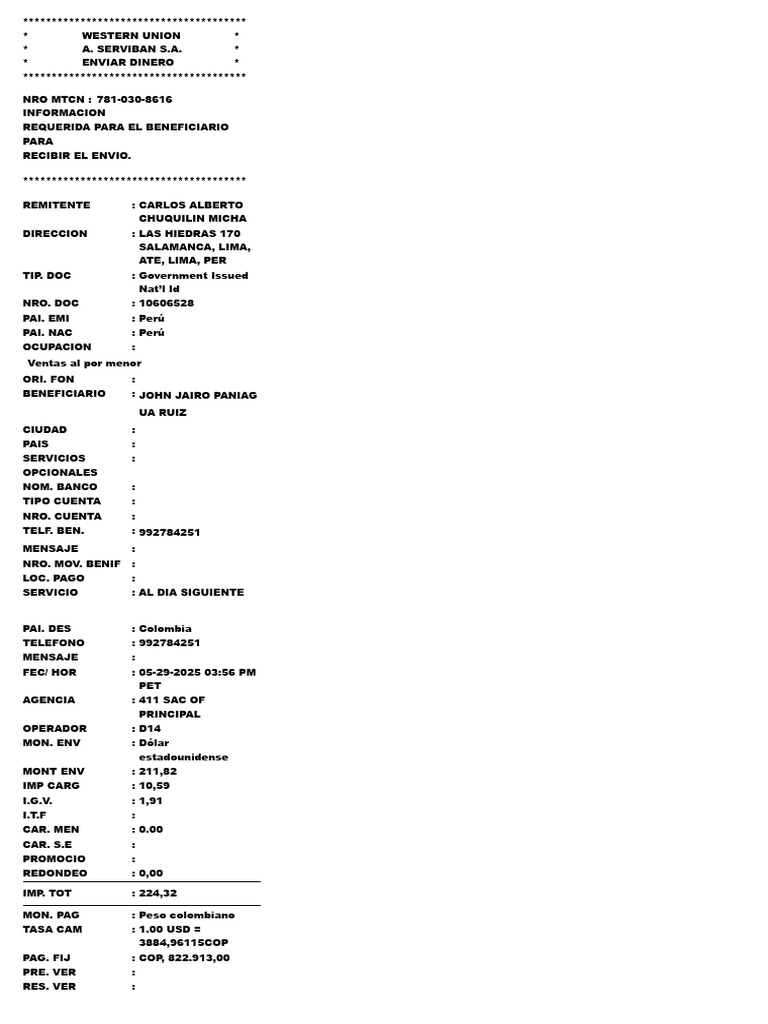 Recibo Wupos (Punto de Venta de Western Union) - Edited | PDF | Western ...