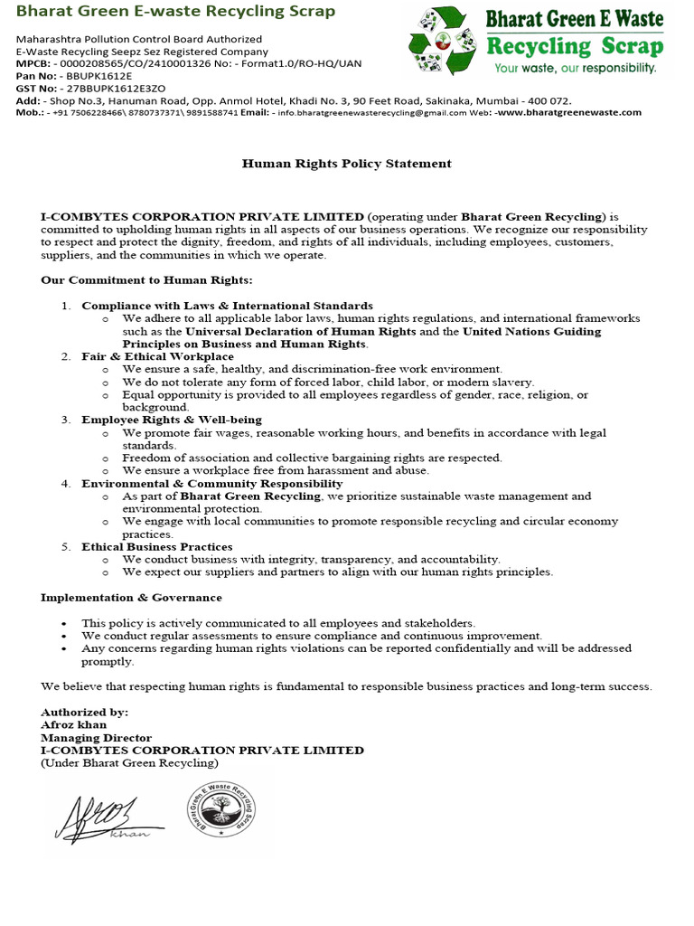 Human Rights Policy Statement Bharat Green | PDF | Human Rights | Rights