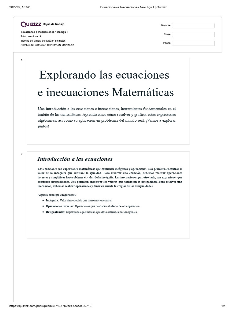 Ecuaciones e Inecuaciones 1ero Bgu I - Quizizz | PDF | Ecuaciones | Desigualdad (Matemáticas)