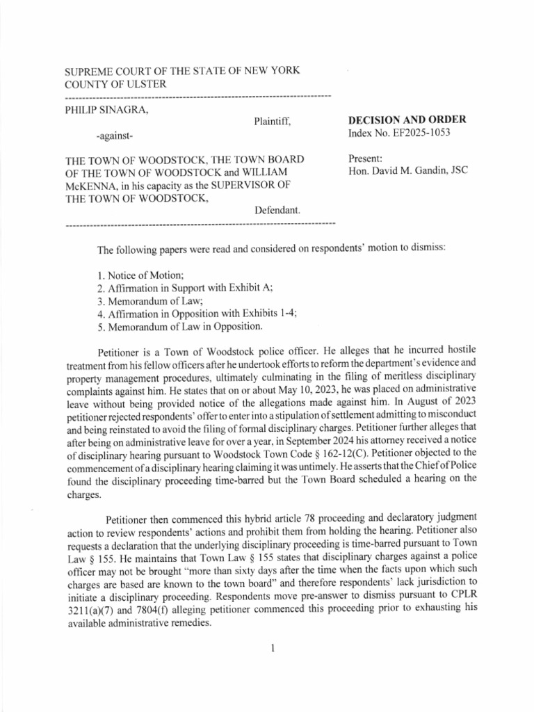 Woodstock Motion To Dismiss Sinagra Case Denied | PDF | Appeal | Complaint