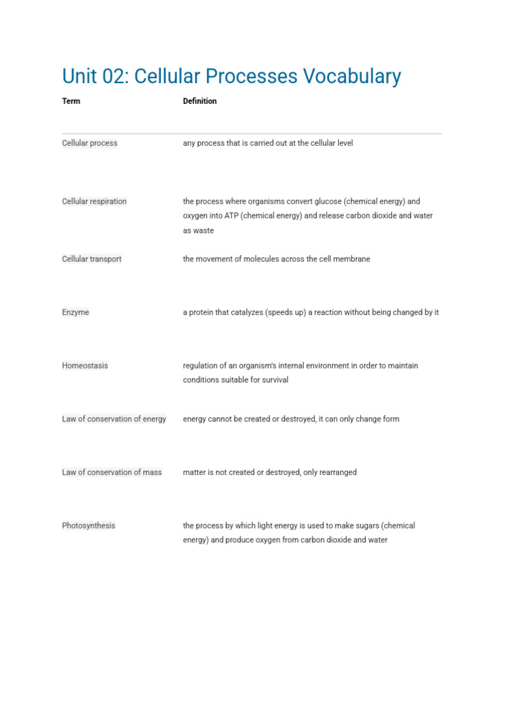 Cellular Processes Vocabulary Guide | PDF