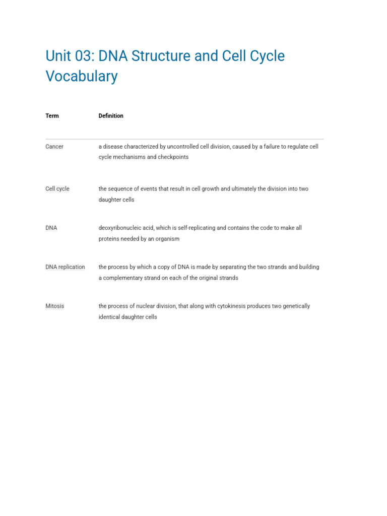 Unit 03 - DNA Structure and Cell Cycle Vocabulary | PDF