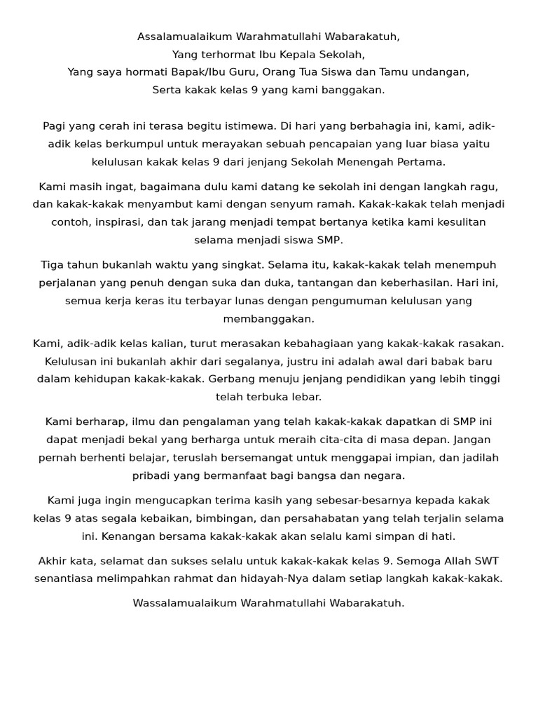 Teks Ucapan Selamat Atas Kelulusan Oleh Kelas 8 | PDF