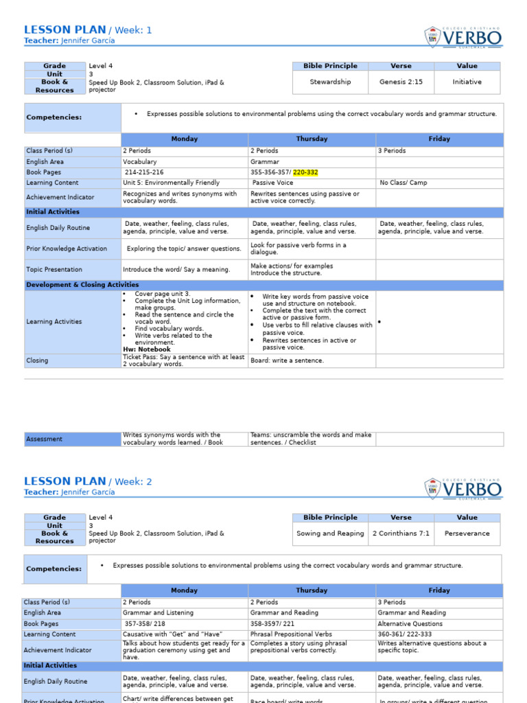 Grade 4 English Lesson Plans: Weeks 1-2 | PDF | English Language ...