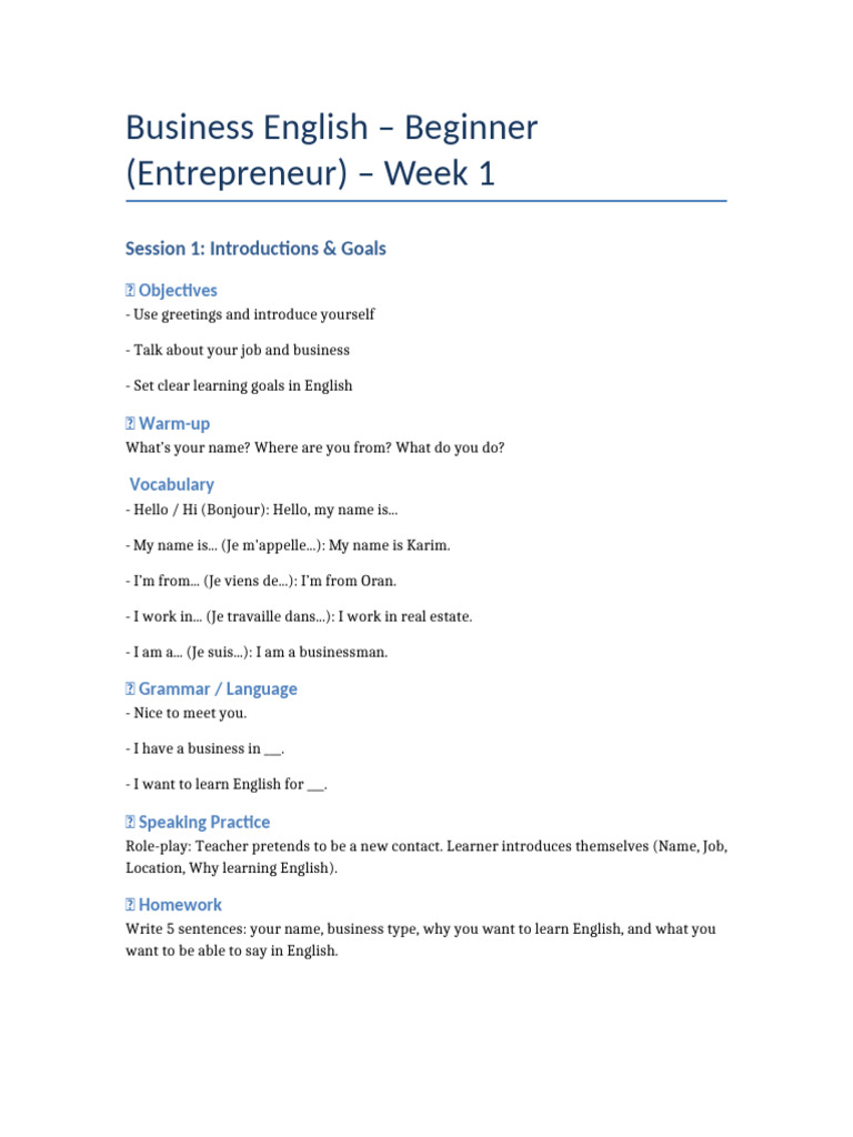Business English Beginner Week1 | PDF