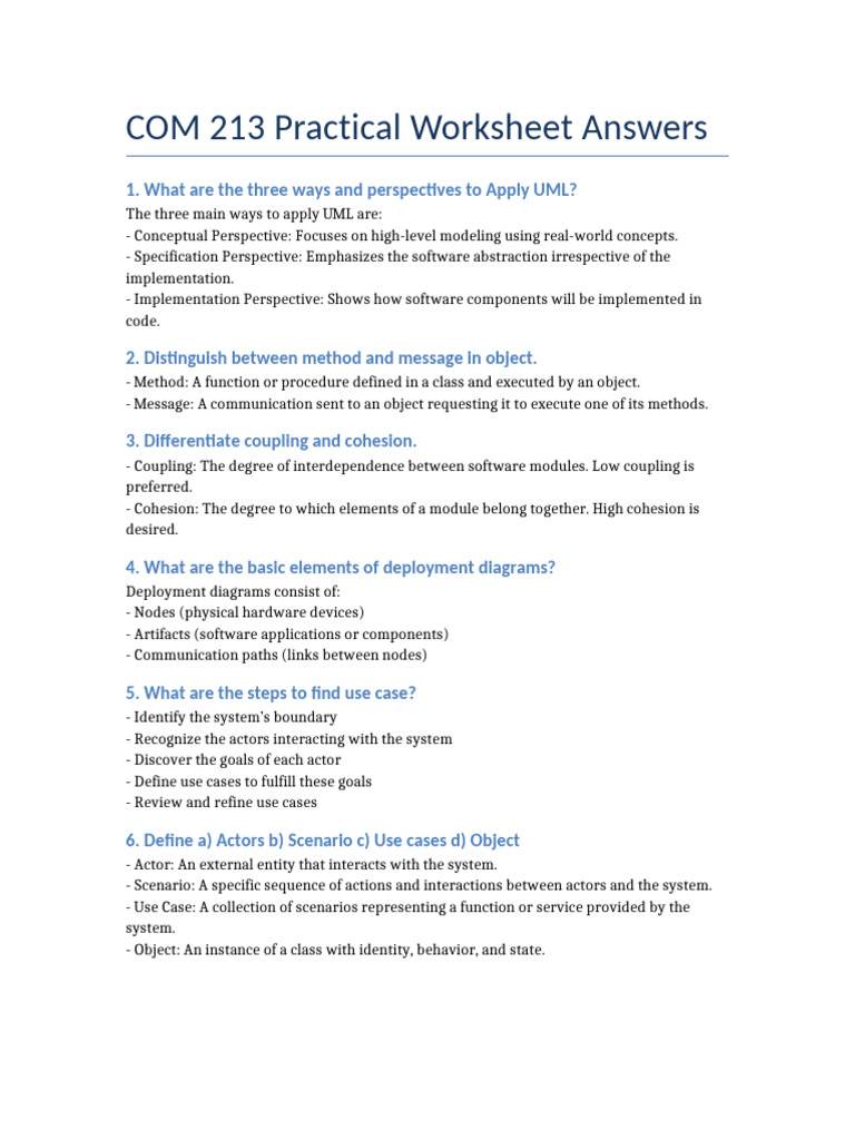 COM213 Practical Worksheet Answers | PDF | Use Case | Class (Computer ...