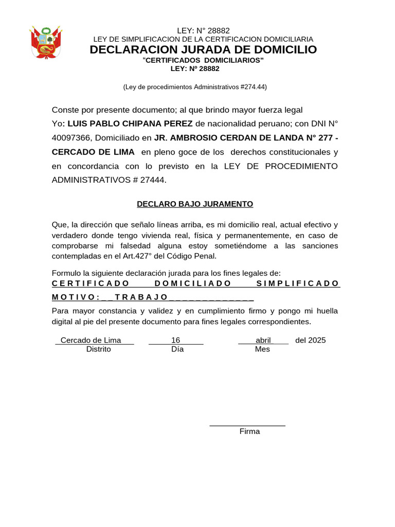 DECLARACION JURADA DE DOMICILIO 2025 chipana | PDF