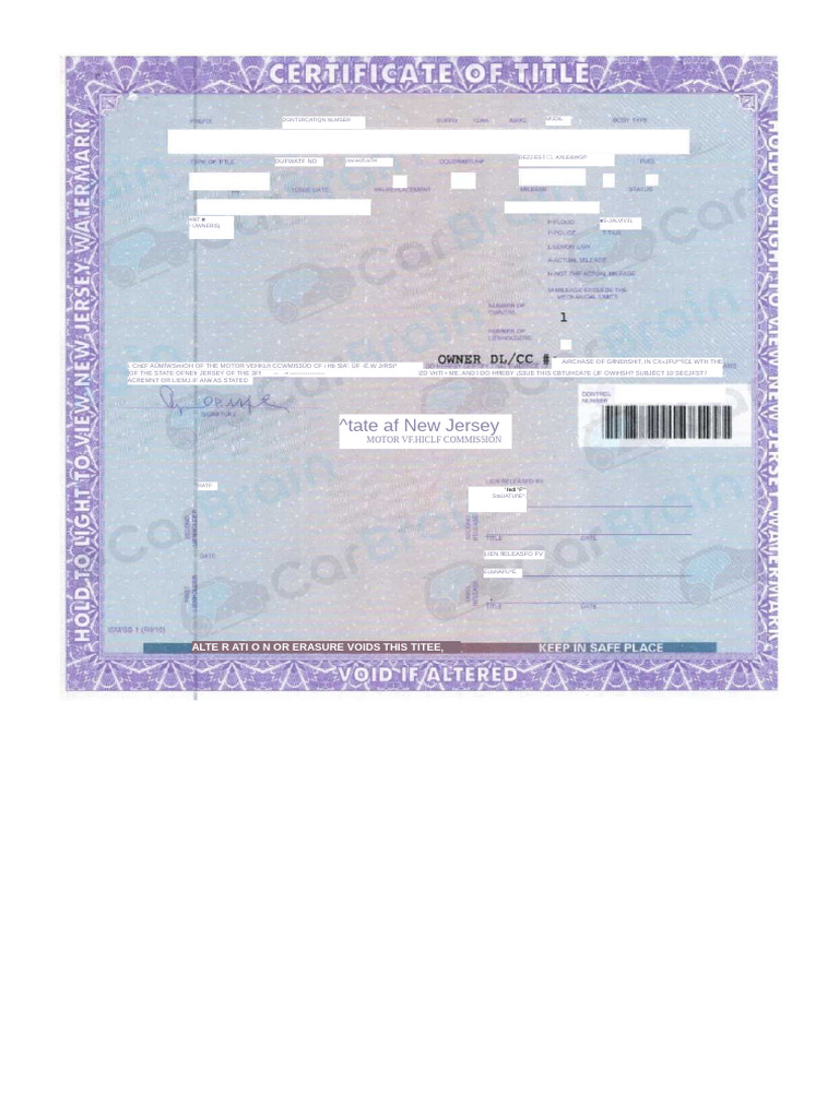 New Jersey Motor Vehicle Title Certificate | PDF