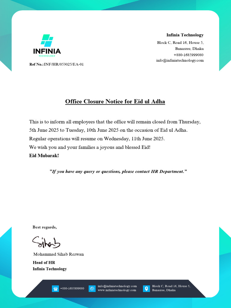 Eid ul Adha Office Closure Notice | PDF