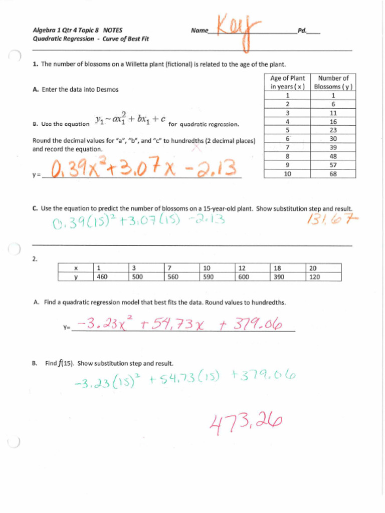 Quadratic Regression Notes Key | PDF