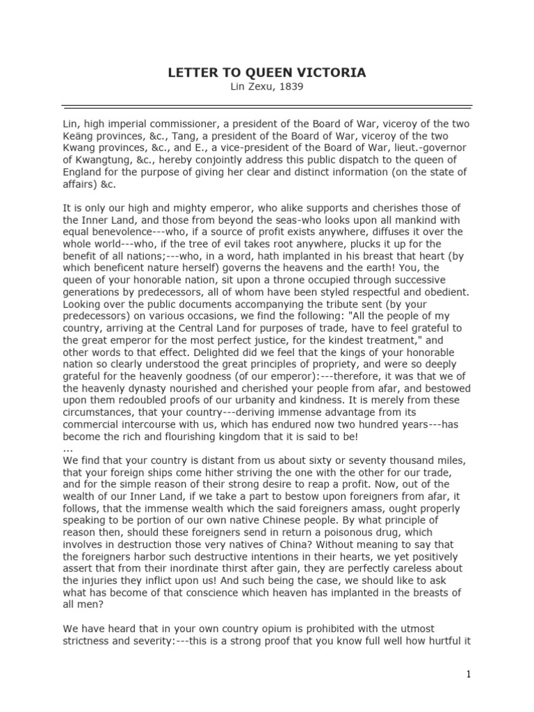 Lin Zexu's 1839 Letter to Queen Victoria | PDF