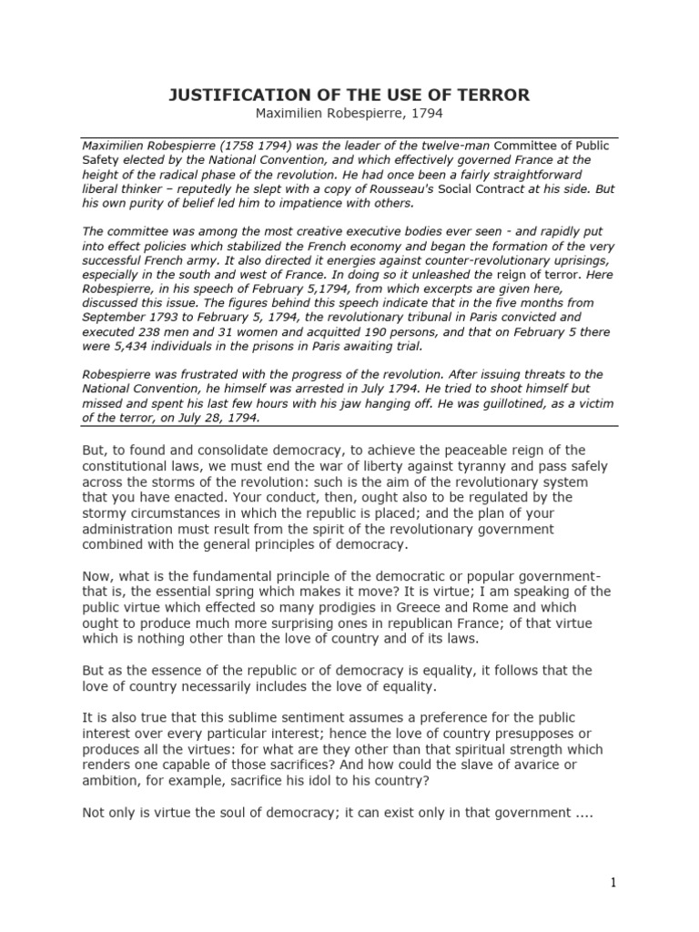 Justification of The Use of Terror | PDF | Reign Of Terror | Maximilien ...