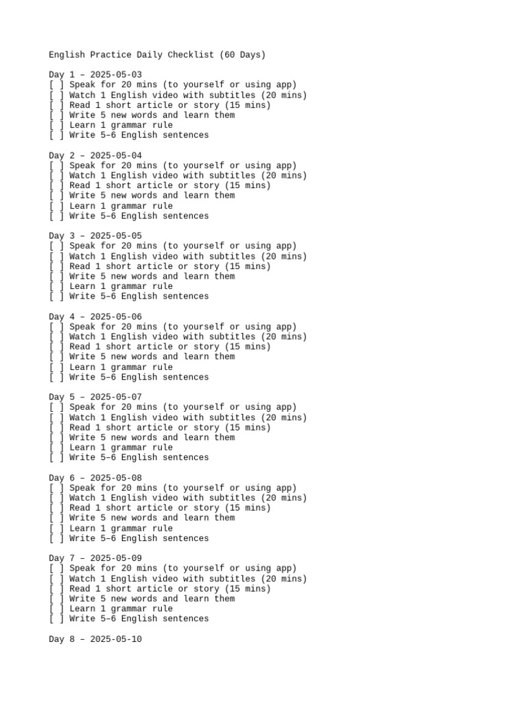 60-Day English Practice Checklist | PDF | English Language | Cultural ...
